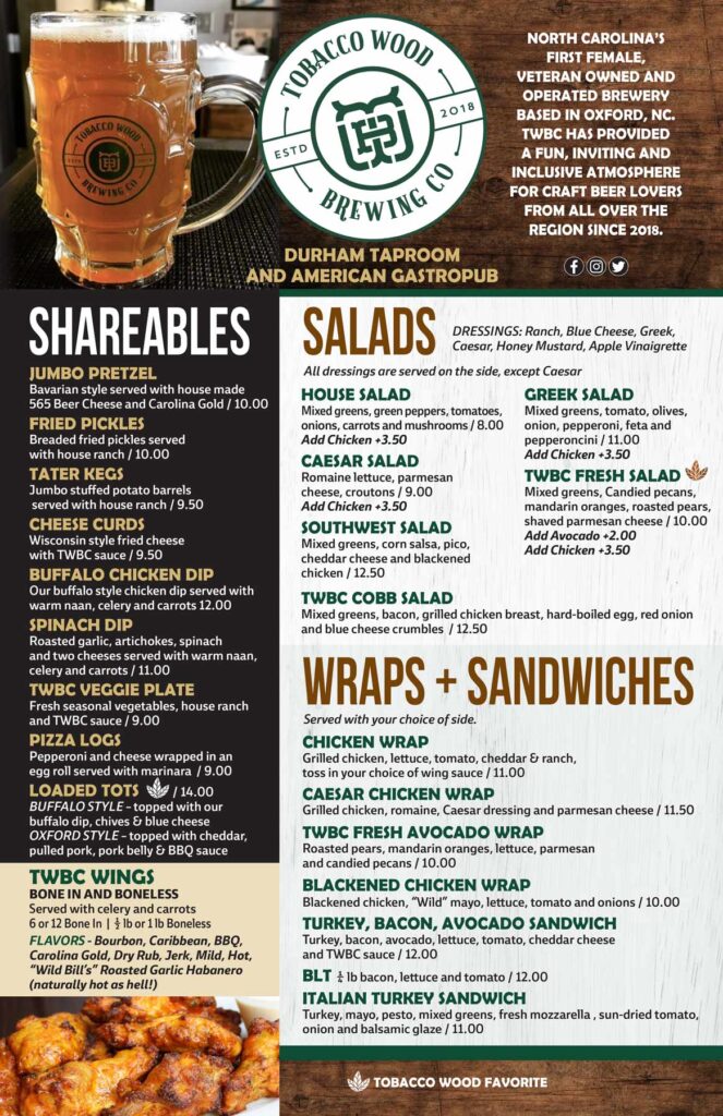 Durham Food Menu - Tobacco Wood Brewing